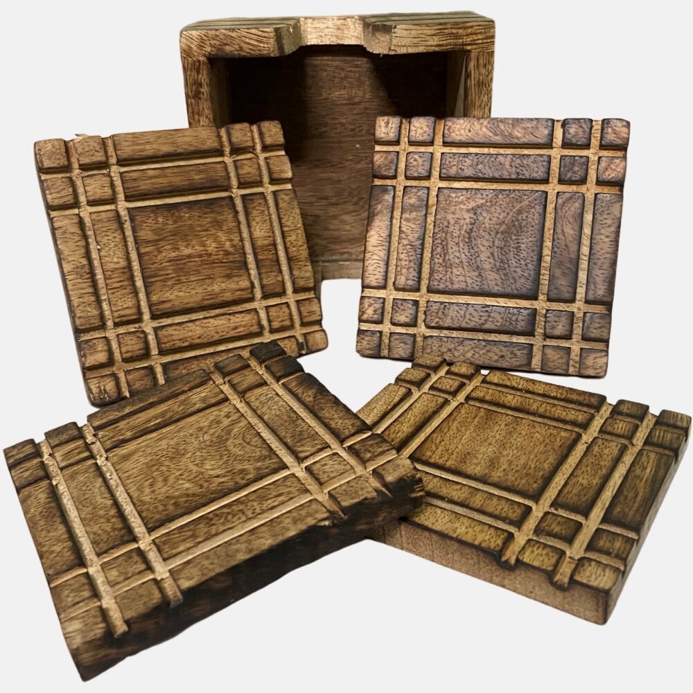 Wooden Coasters With Holder, Home Kitchen Decorative Desk Accessory Set ...