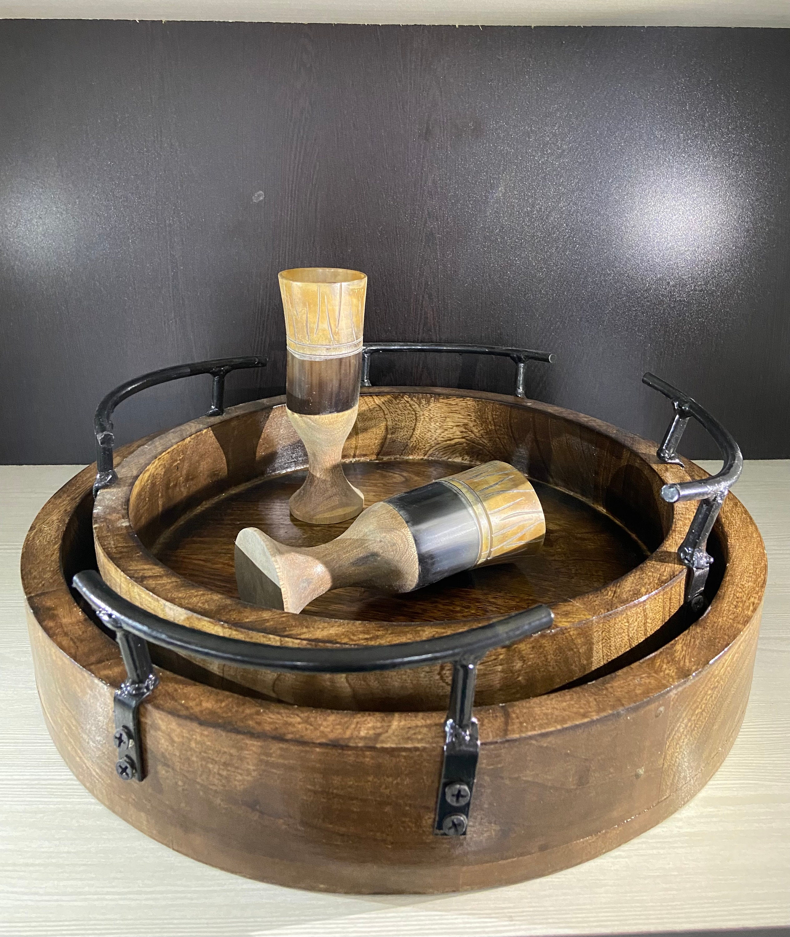 Handcrafted Wooden Rustic Tray Set of 2 With Metal Handle Serving ...