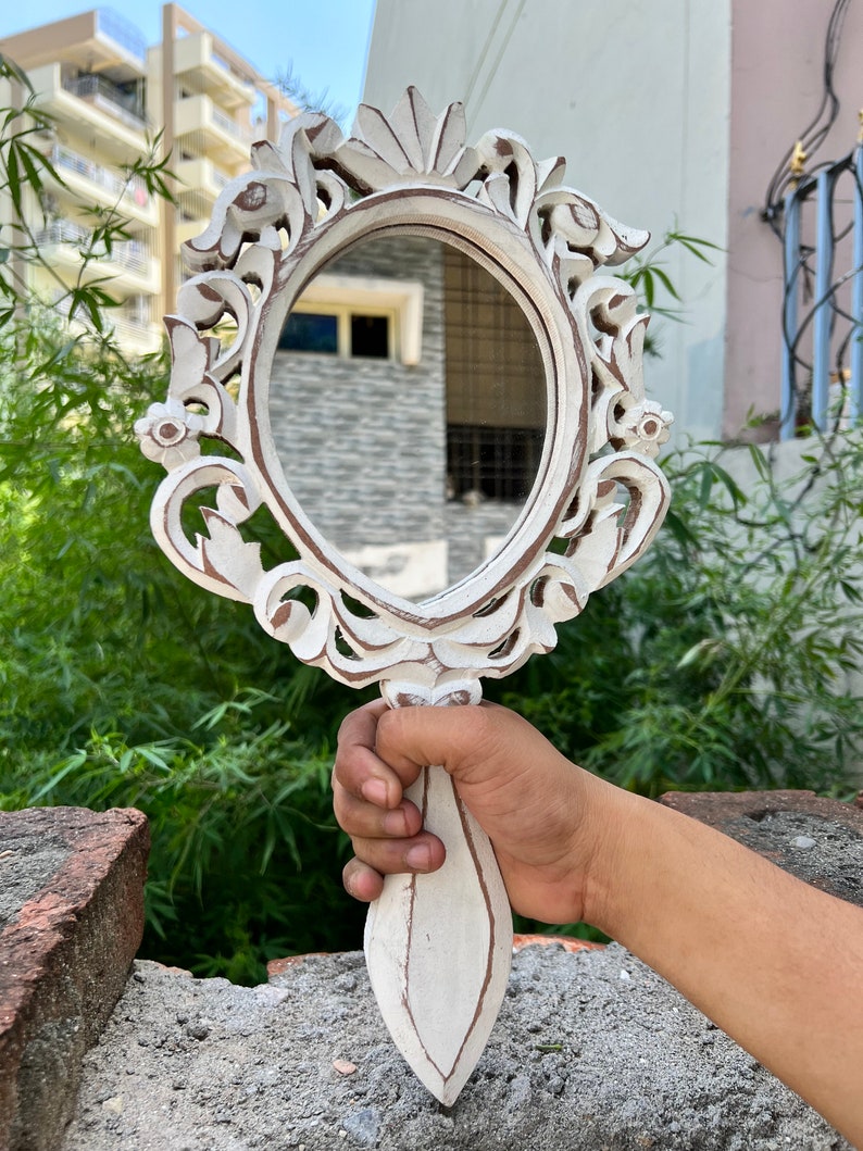 Rustic Wooden Oval Hand Mirror Vintage White Color Portable Decorative ...
