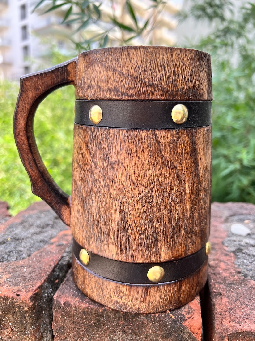 Wooden Tankard Mug Barrel Mug for Men Women Coffee Black Leather Strip ...