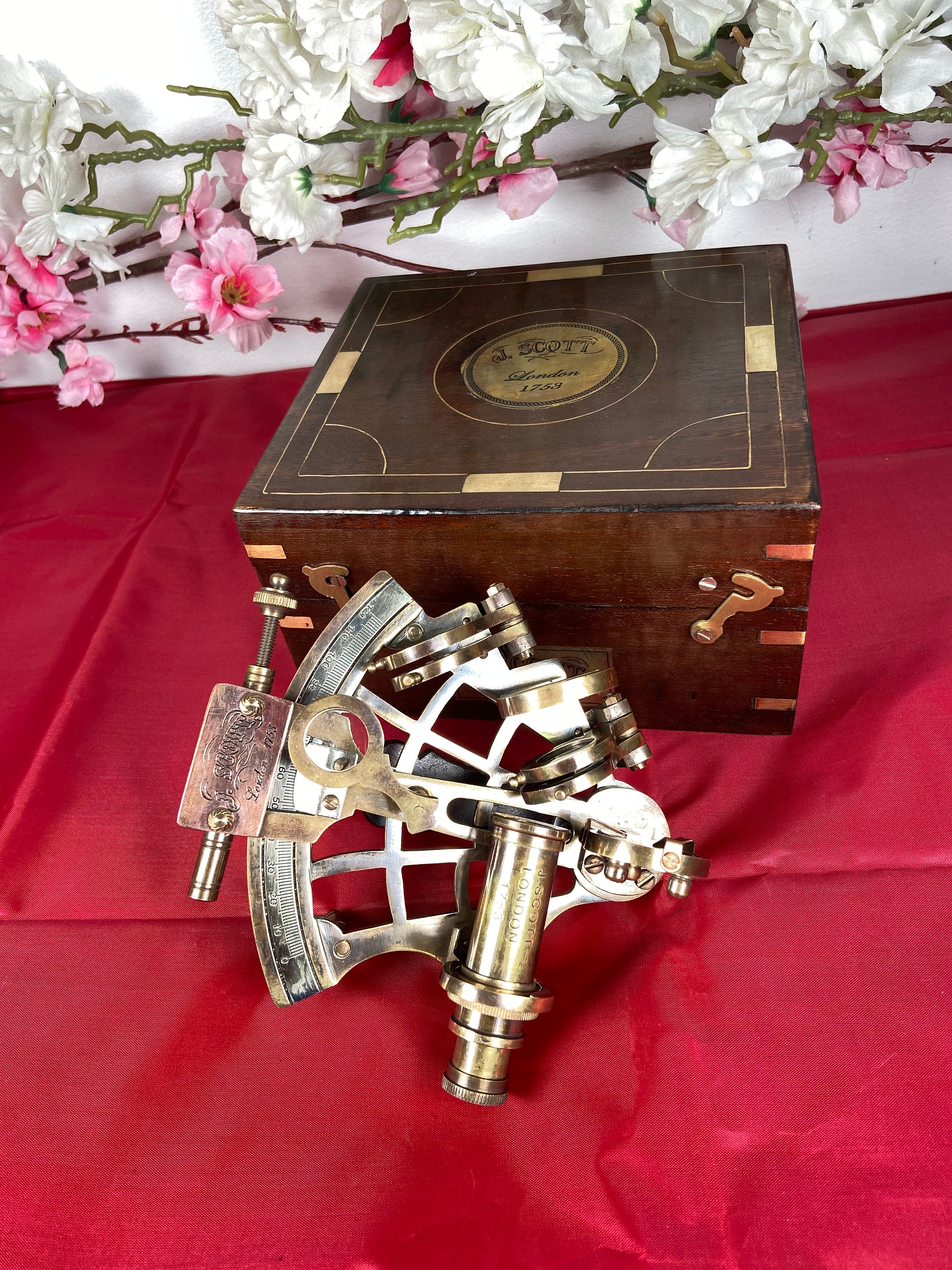 Vintage Nautical Brass Sextant With Wooden Box Navigational Tool Marine Ship Instrument Antique