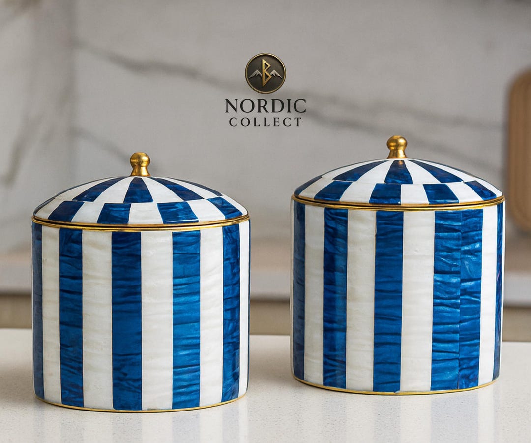 Handmade Mother of Pearl Jar With Lid Blue White Striped Decorative ...