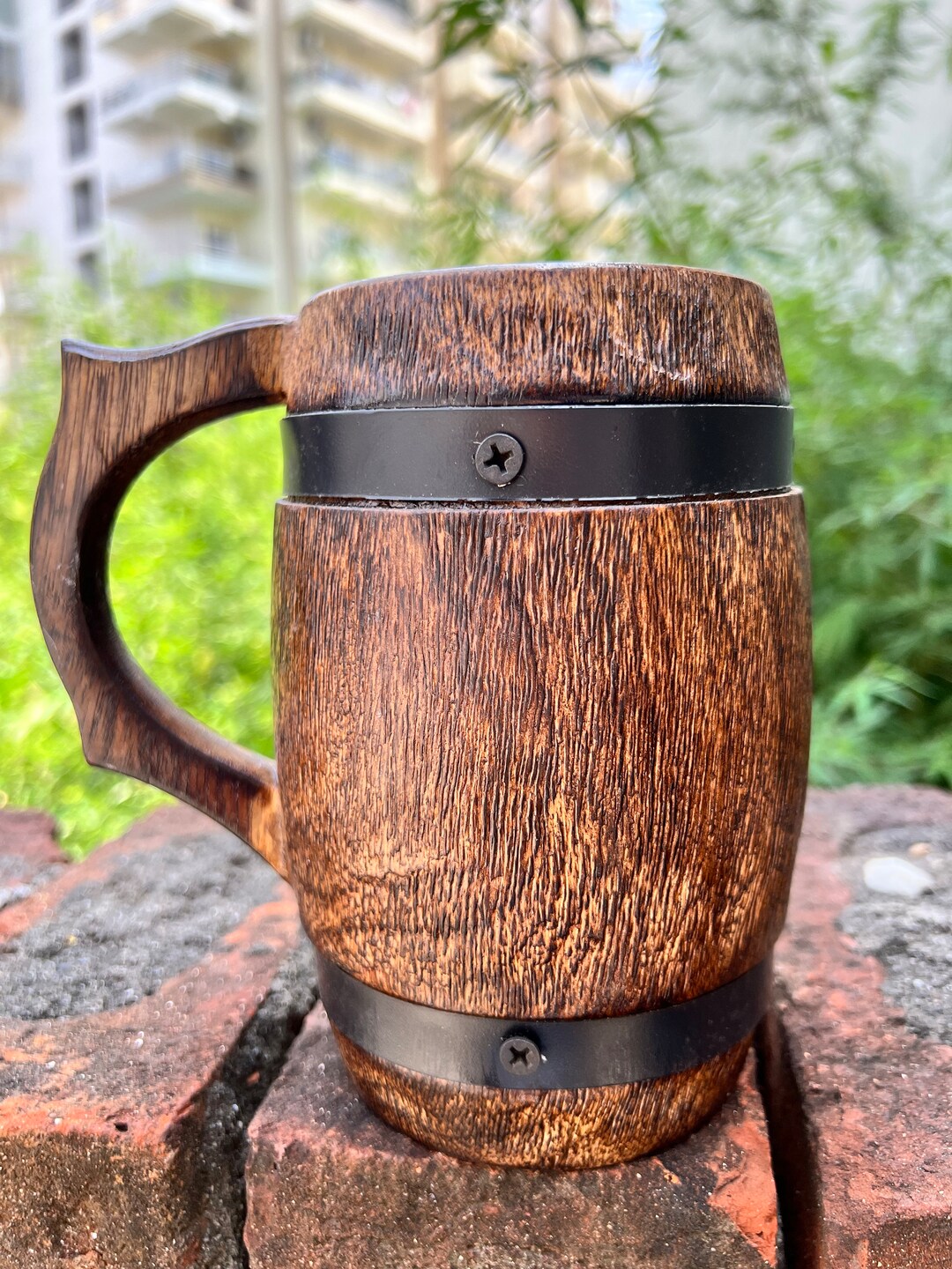 Rustic Wooden Barrel Mug With Black Iron Band Coffee, Beer, Whiskey ...