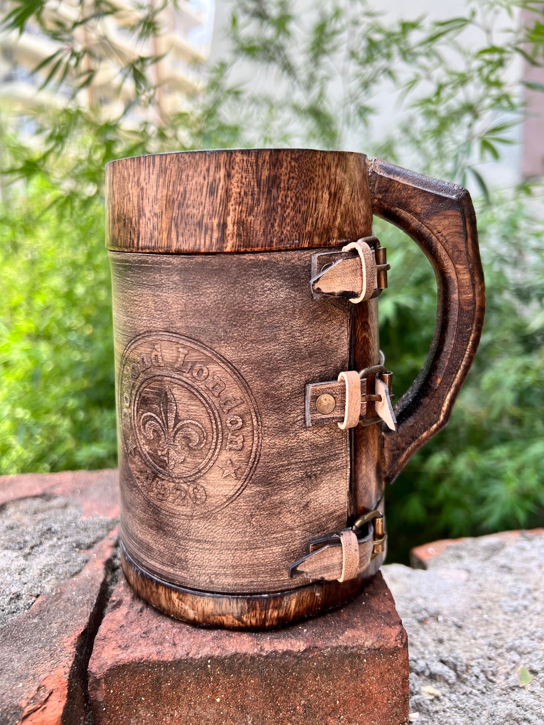 Wooden Drink Mug Orange Leather Strip Coffee Tea Cups Beer Tankard ...
