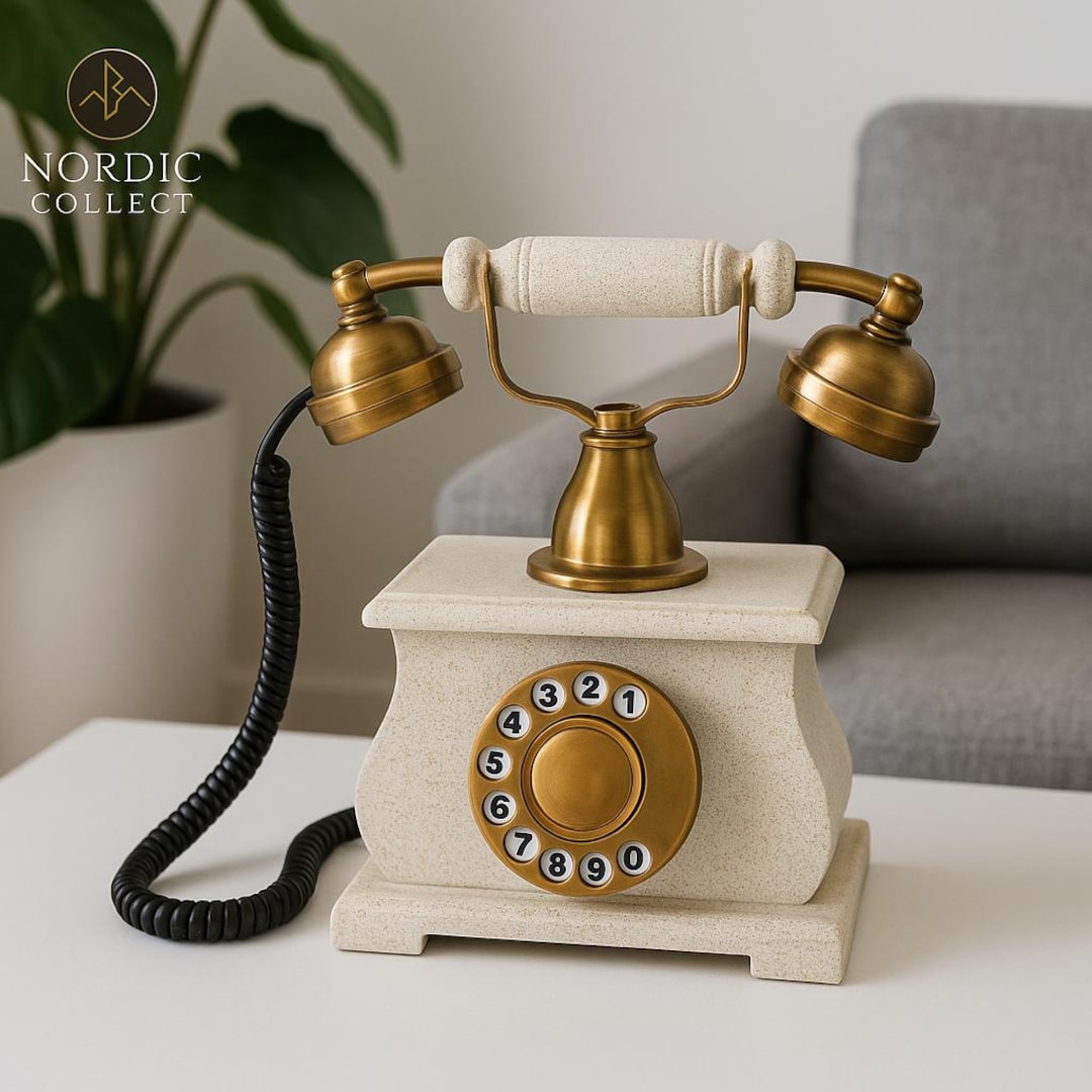 Vintage Antique Brass Rotary Telephone Stone Look Old Fashioned Desk ...