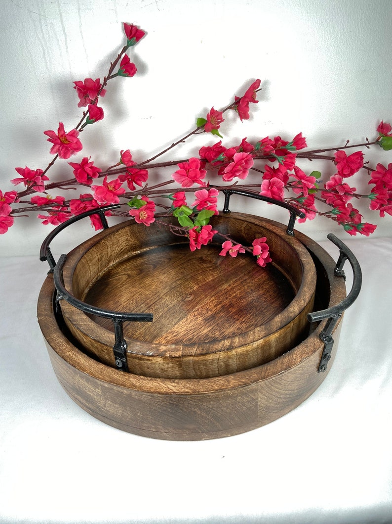 Handcrafted Wooden Rustic Tray Set of 2 With Metal Handle Serving ...