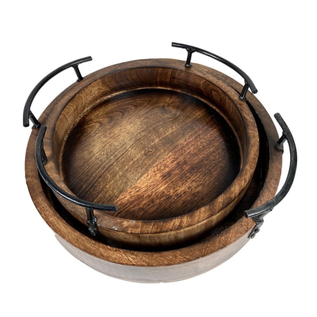 Handcrafted Wooden Rustic Tray Set of 2 With Metal Handle Serving ...