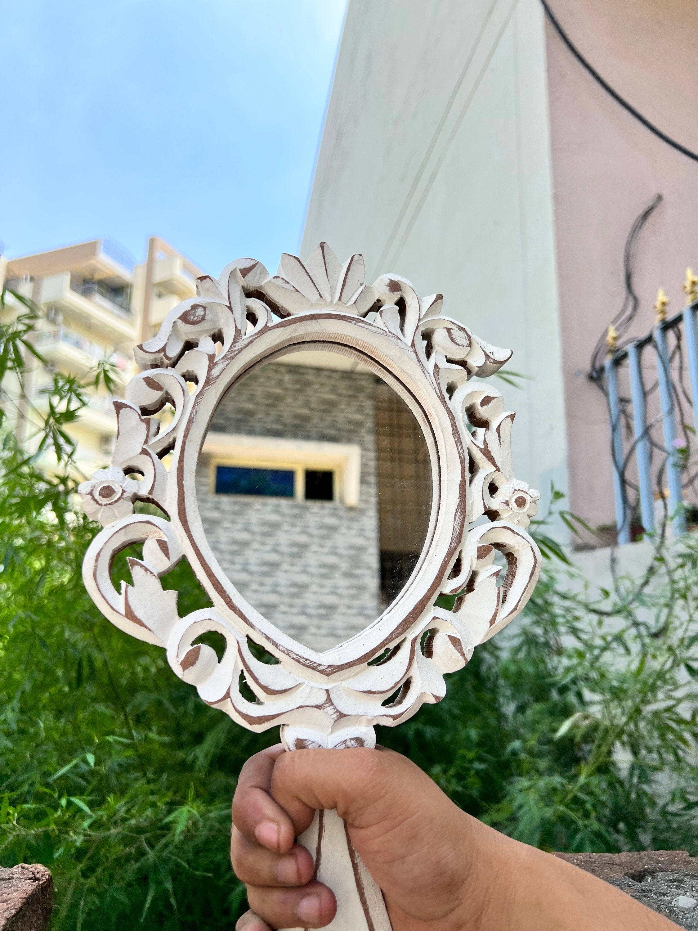 Rustic Wooden Oval Hand Mirror Vintage White Color Portable Decorative ...