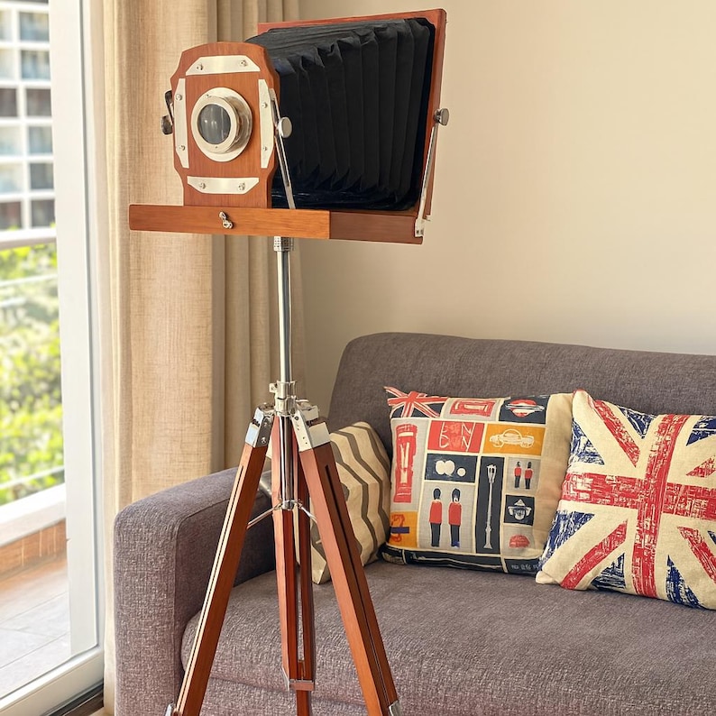 Personalized Old-fashioned Film Camera With Wooden Tripod – Brown Retro ...