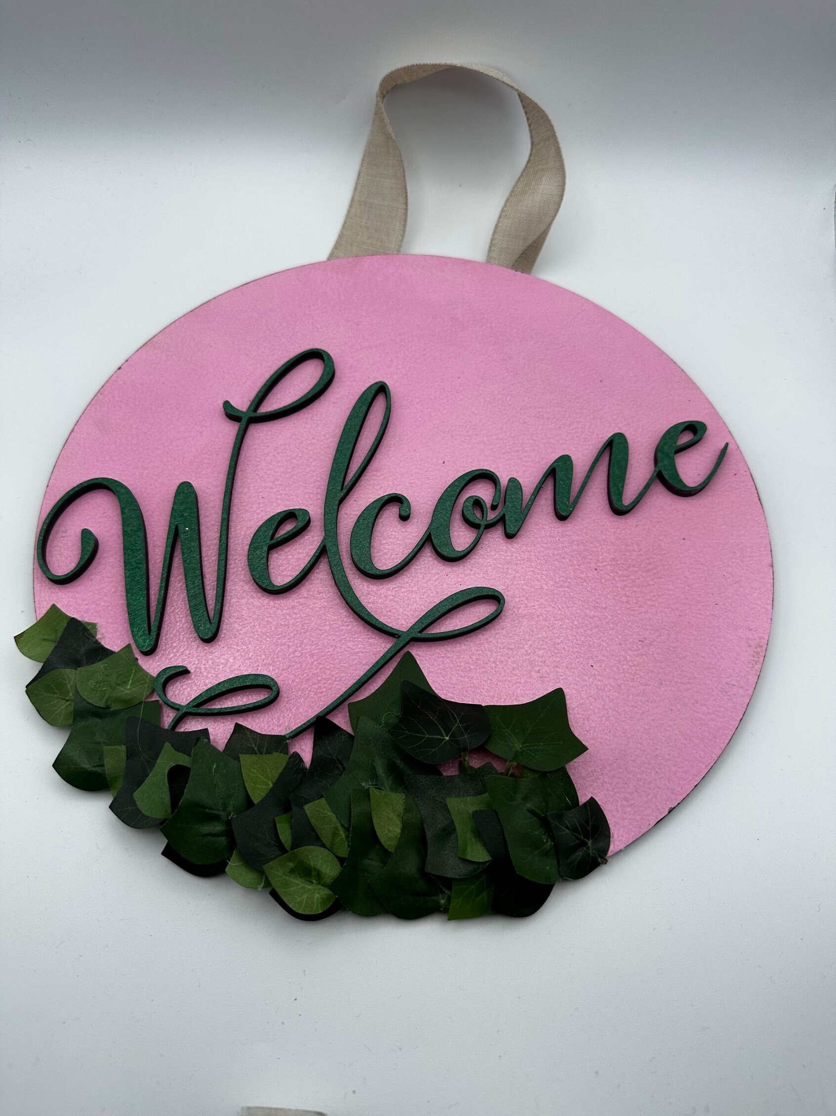 Pink and Green Welcome Decorative Wall Hanger Birch Wood Door Sign ...