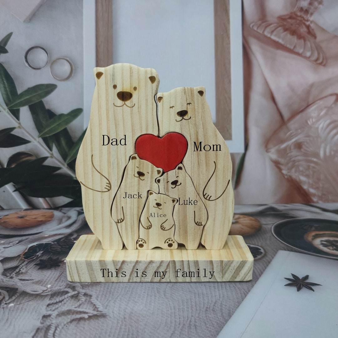 Custom Wooden Bear Family Puzzle, up to 7 Person Animal Carvings Puzzle ...
