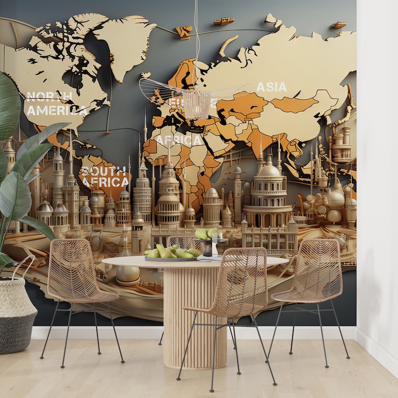3D World Map Wallpaper Continents Map Wall Decor Peel and - Etsy