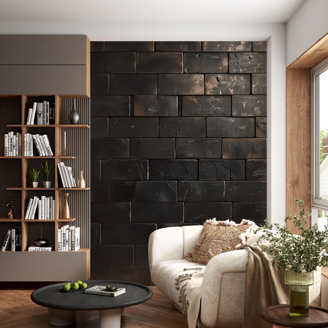 Black Brick Pattern Wallpaper, 3D Dark Stone Wall Decal, Minimalist ...