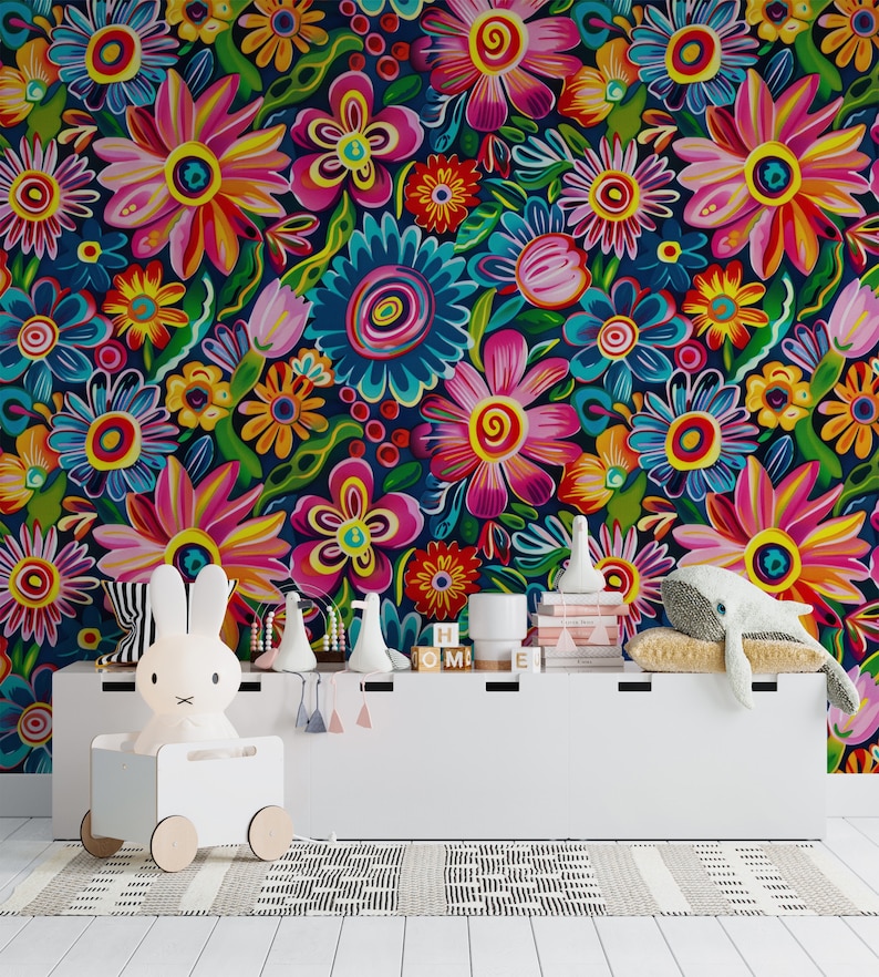 Mexican Folk Art Pattern Wallpaper, Vintage Colorful Abstract Floral ...
