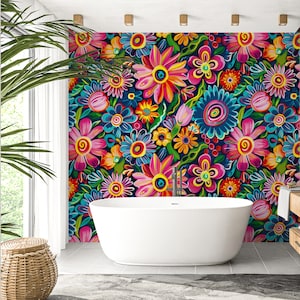 Mexican Folk Art Pattern Wallpaper, Vintage Colorful Abstract Floral ...