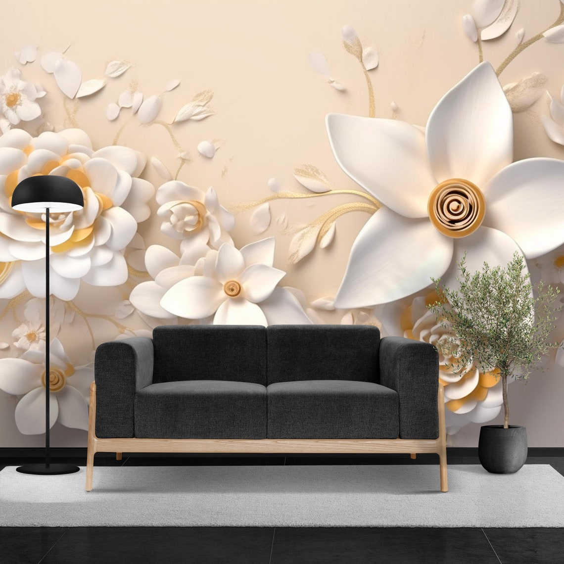 White Flowers Mural Wallpaper, Gold Look White Floral for Living Room ...