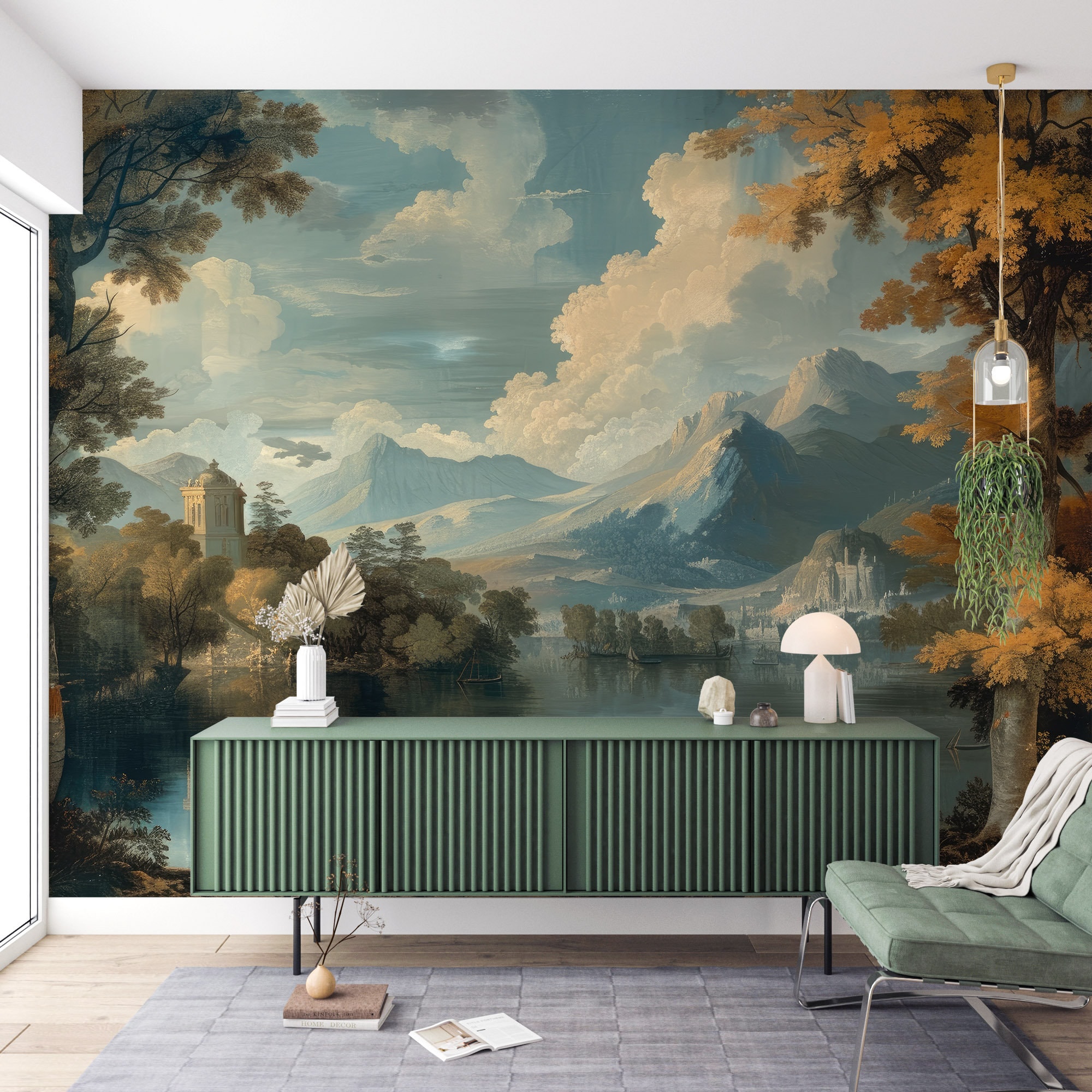 Vintage Scenic Wallpaper, Tree Wall Mural, Retro Landscape Wallpaper ...