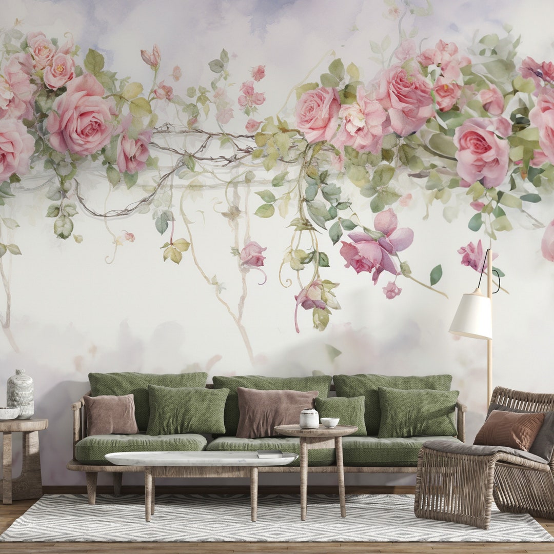 Hanging Spring Flowers Wallpaper, Vintage Floral Mural Decor, Peel and ...