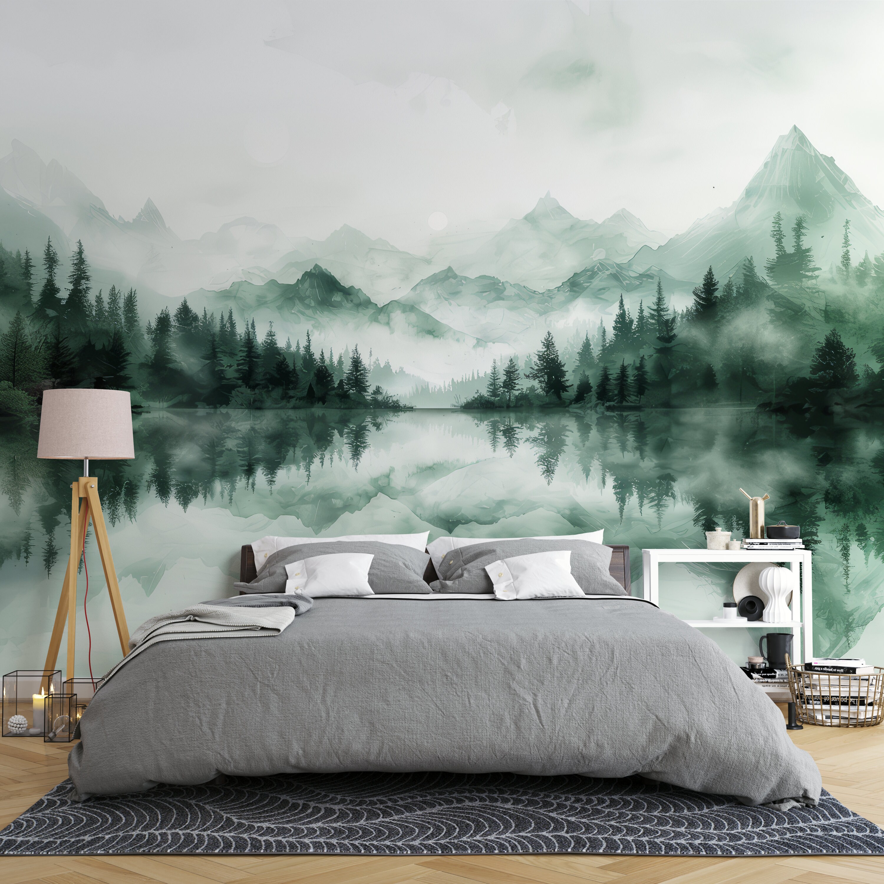 Pine Tree Wall Decal, Watercolor Landscape Wall Mural, Pine Trees ...