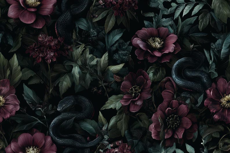 Dark Gothic Botanical Wallpaper, Snake & Flower Wall Mural, Moody ...