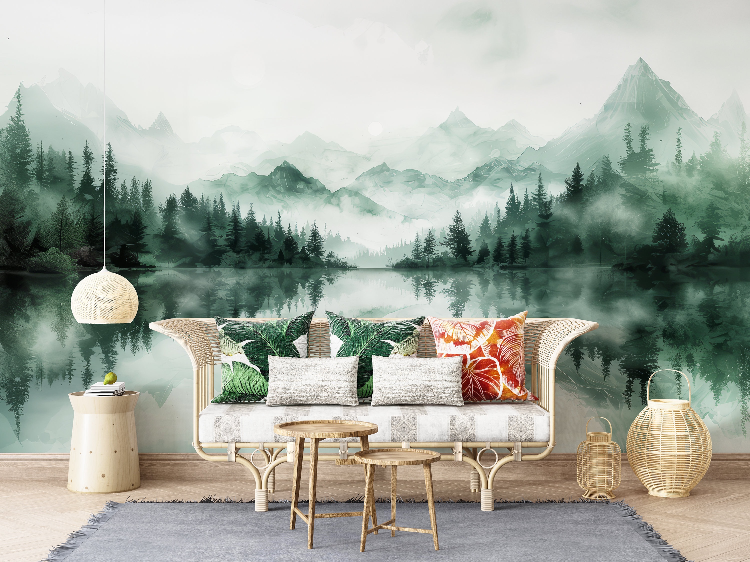 Pine Tree Wall Decal, Watercolor Landscape Wall Mural, Pine Trees ...