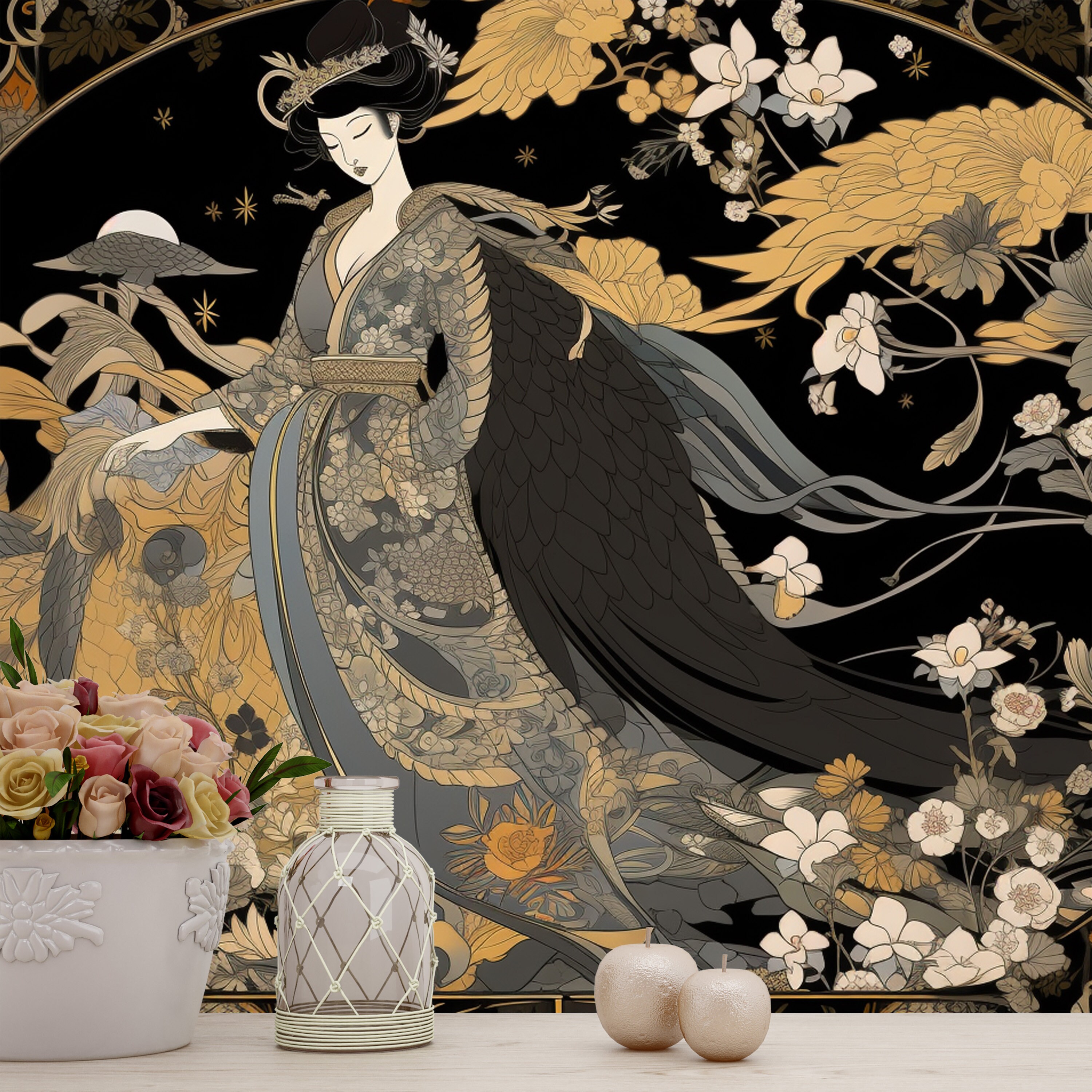 Japanese Floral Mural, Rattan Wallpaper, Removable Wall Decor - Etsy