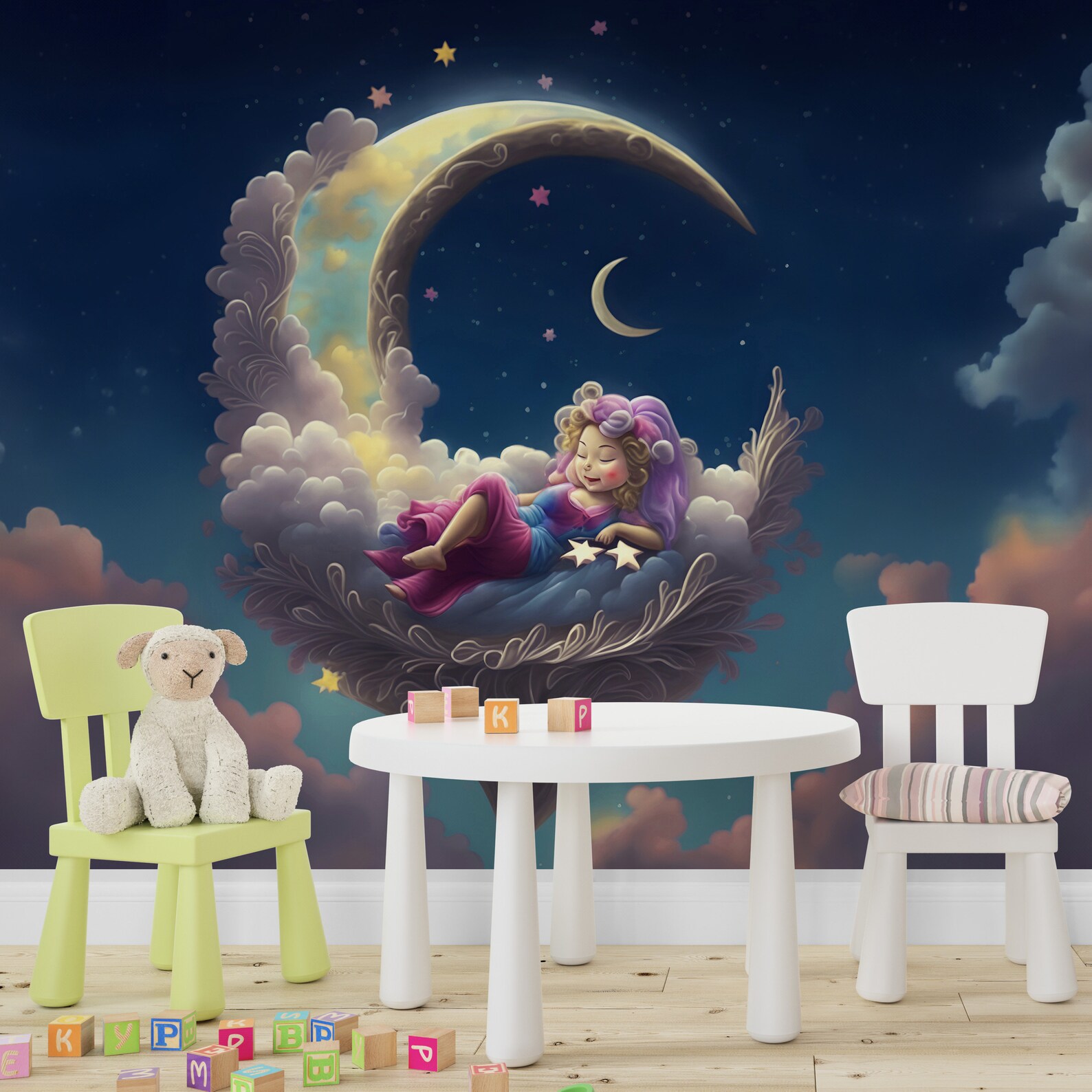 Little Princess Sleeping on the Moon Wallpaper for Nursery and Kids ...