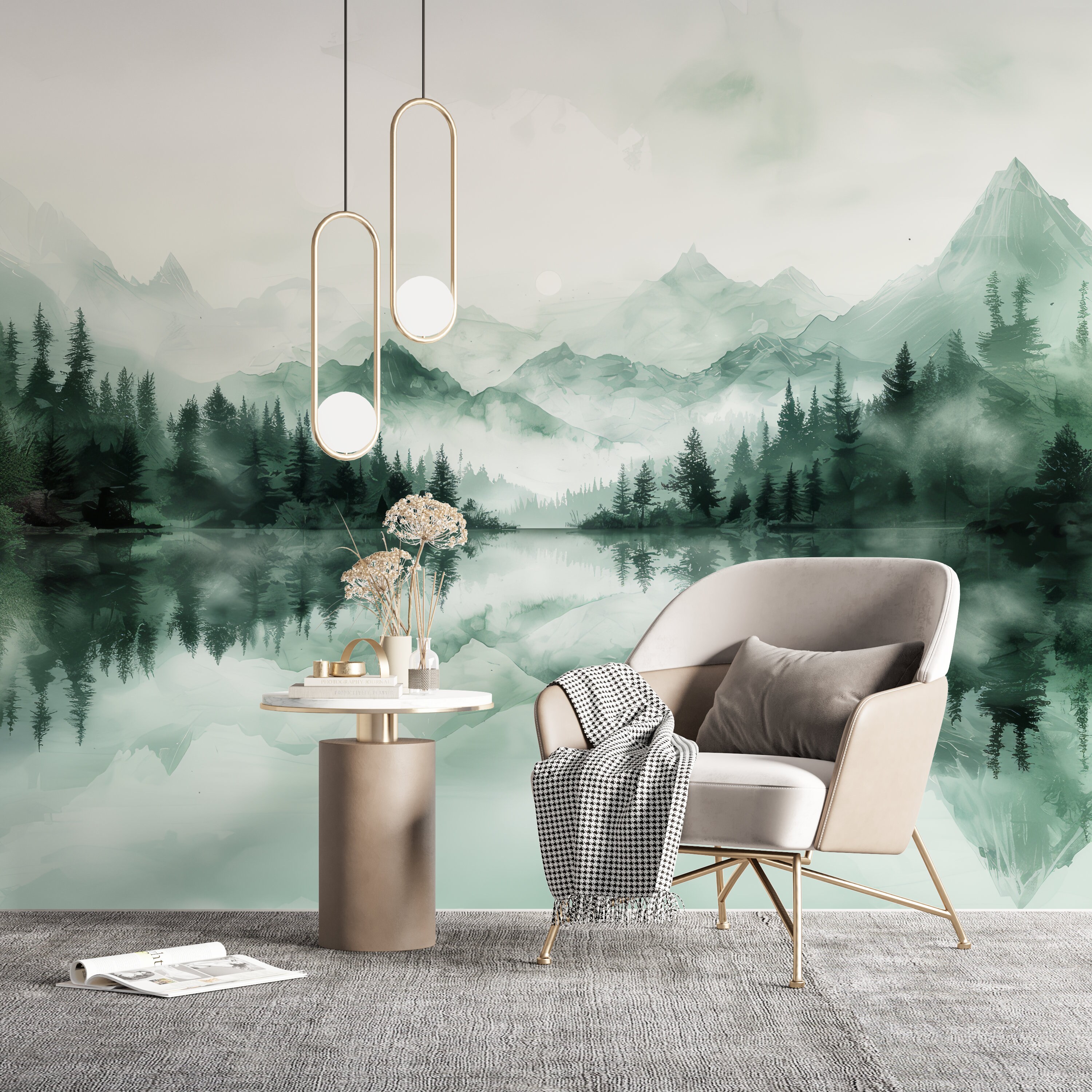 Pine Tree Wall Decal, Watercolor Landscape Wall Mural, Pine Trees ...