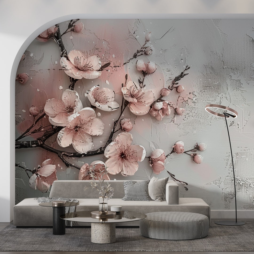 3D Pink Floral Plaster Wallpaper, Peel and Stick, Living Room and ...
