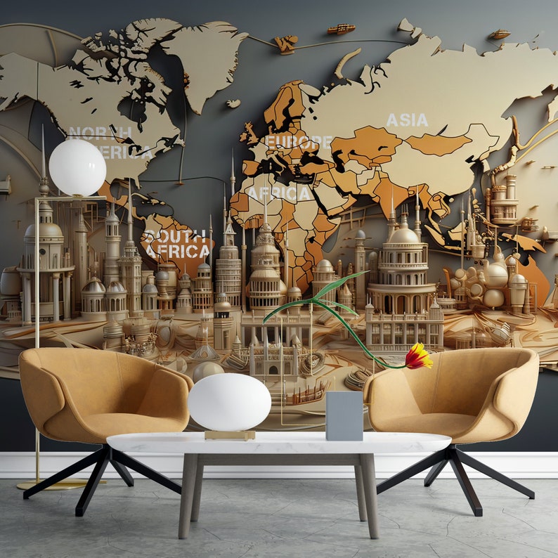 3D World Map Wallpaper Continents Map Wall Decor Peel and - Etsy