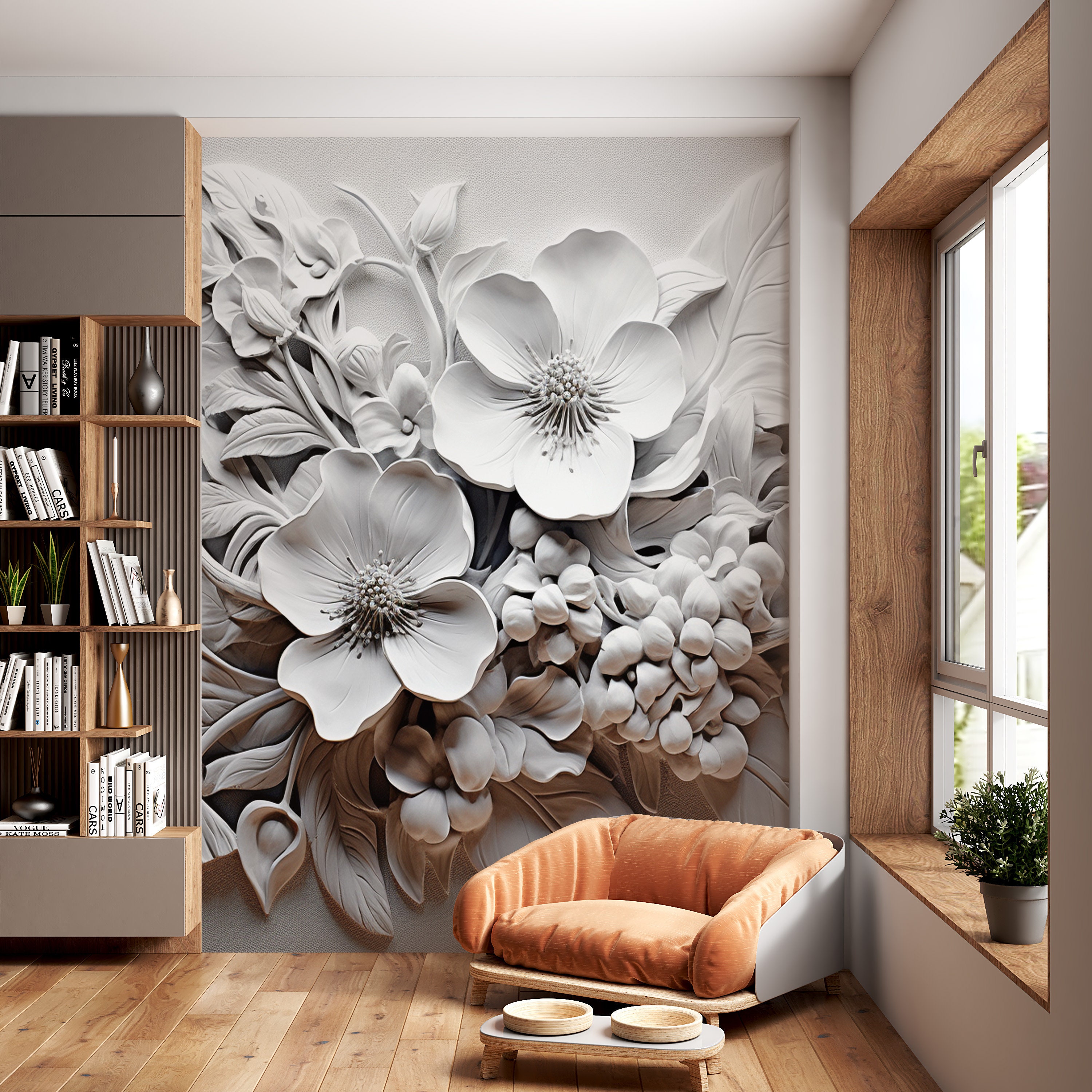 Embossed Look Floral Wallpaper, 3d Flowers Relief Mural Decor, Peel and ...