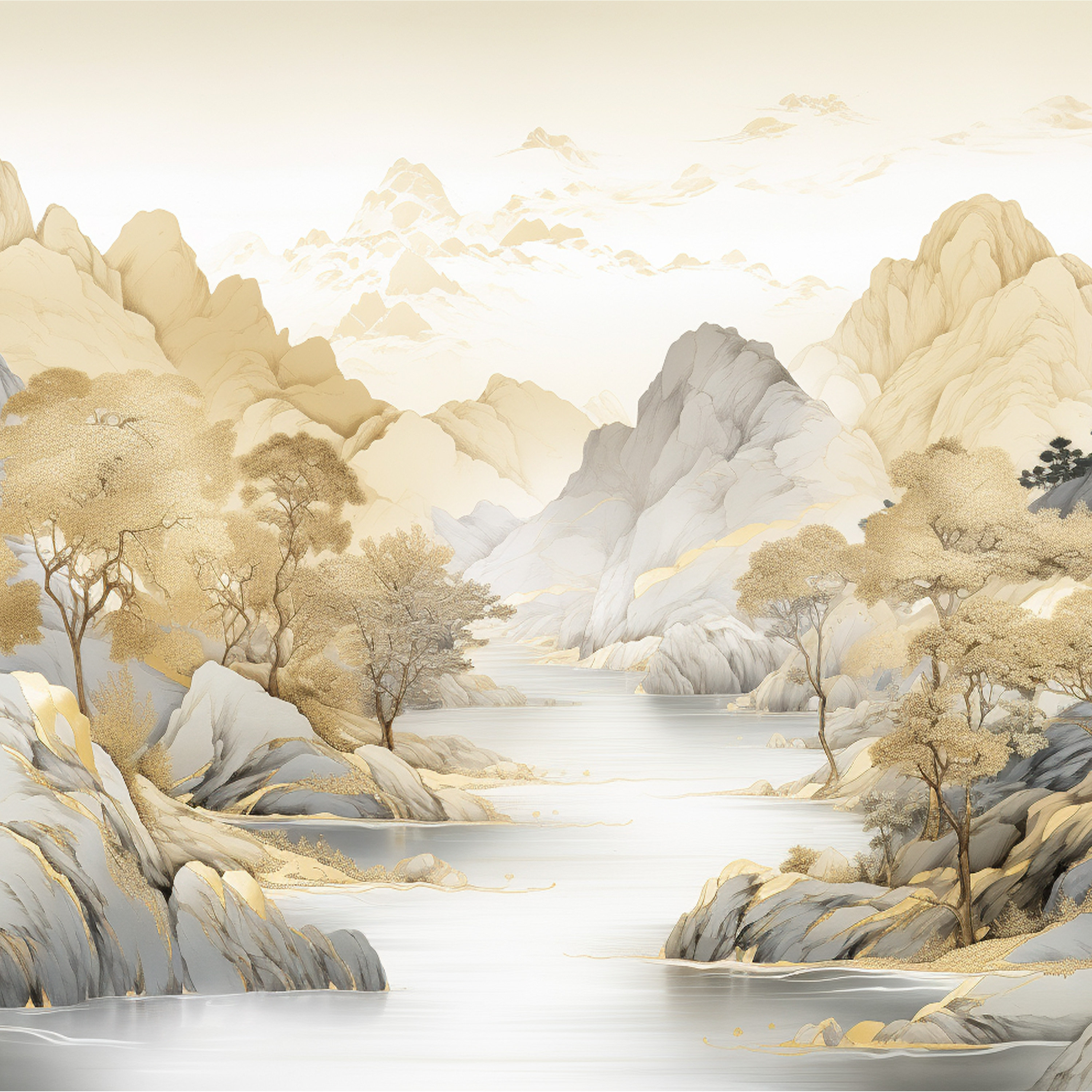Golden Linear Landscape Wallpaper - Mountains, Rivers and Trees - Peel ...