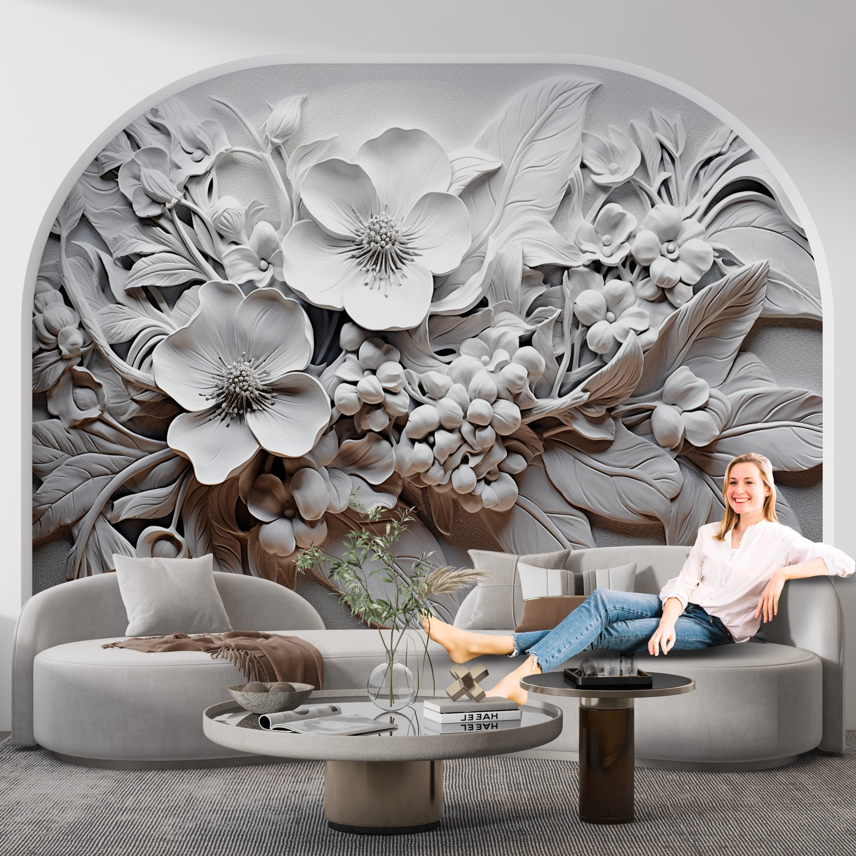 Embossed Look Floral Wallpaper, 3d Flowers Relief Mural Decor, Peel and ...