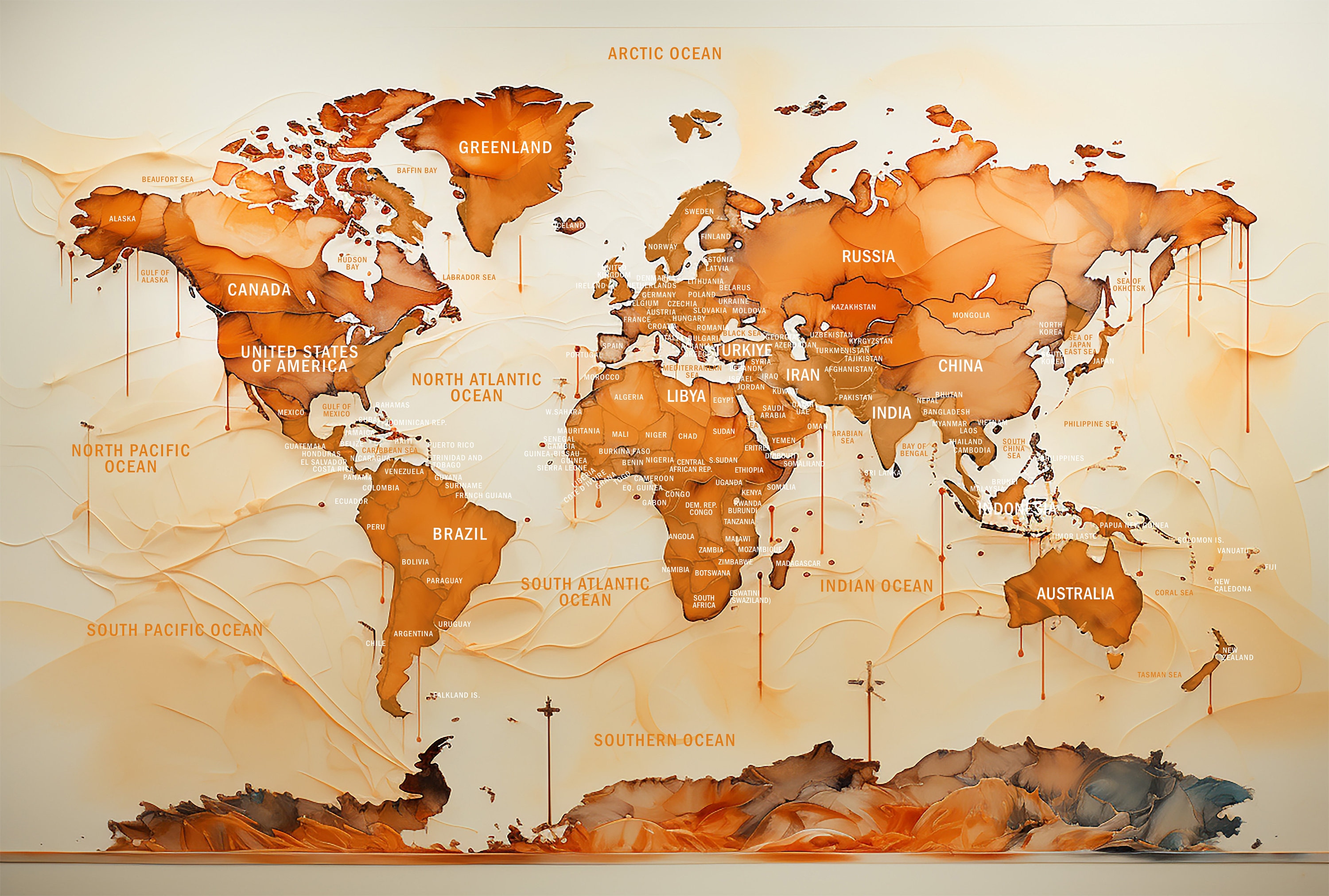 World Map Wallpaper, 3D Map Wall Decor Countries Seas and Oceans, Peel ...
