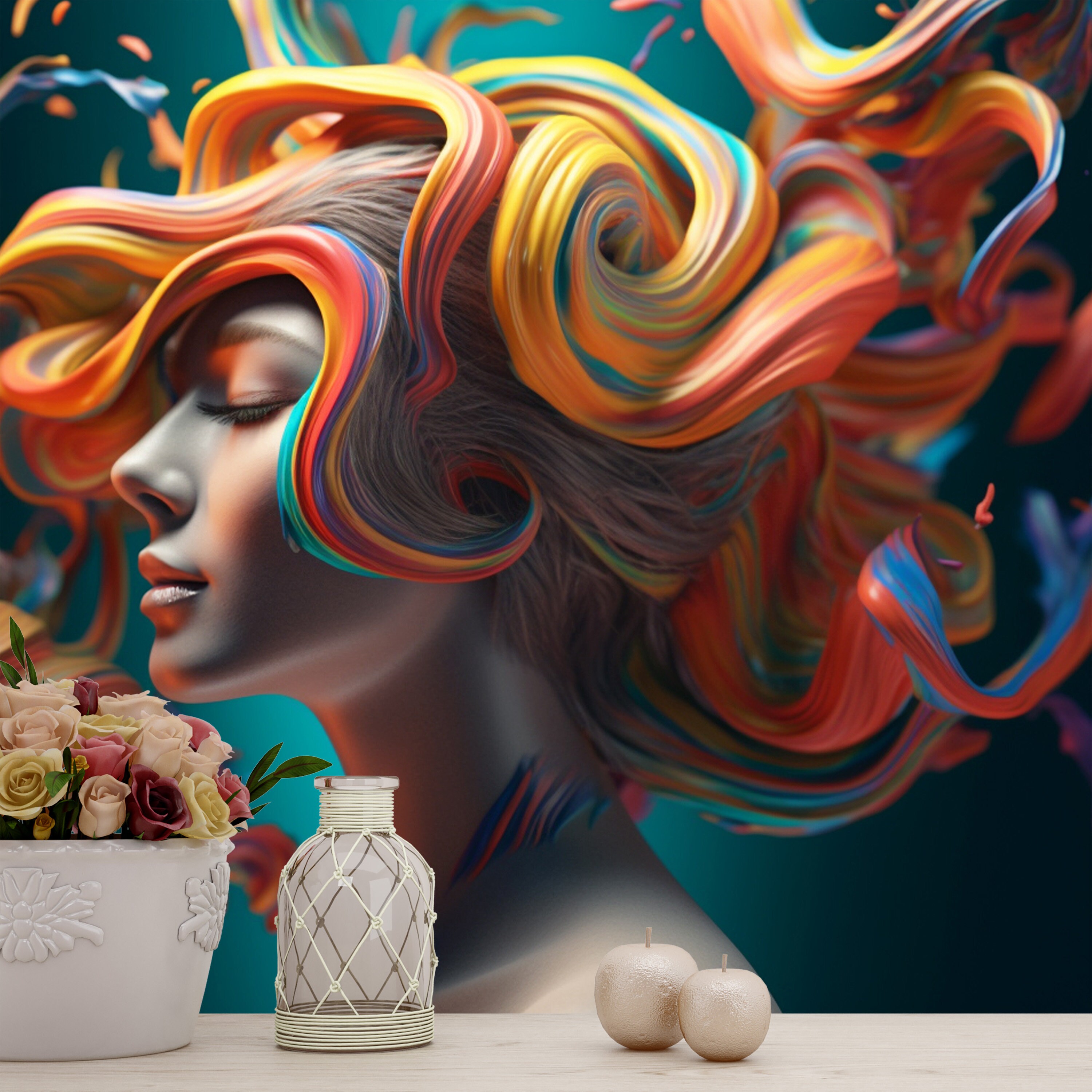 Woman With Colorful Hair Art Wallpaper for Beauty Salon and Hairdresser ...