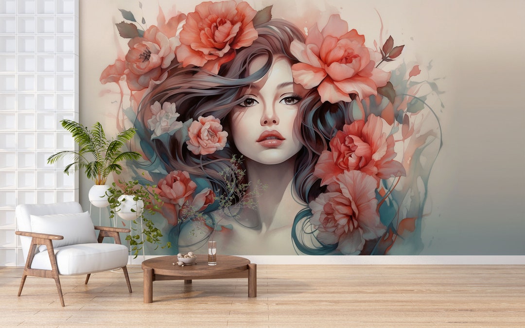 Hairdresser Wall Mural, Beautiful Woman Floral Wallpaper for Hair Salon ...