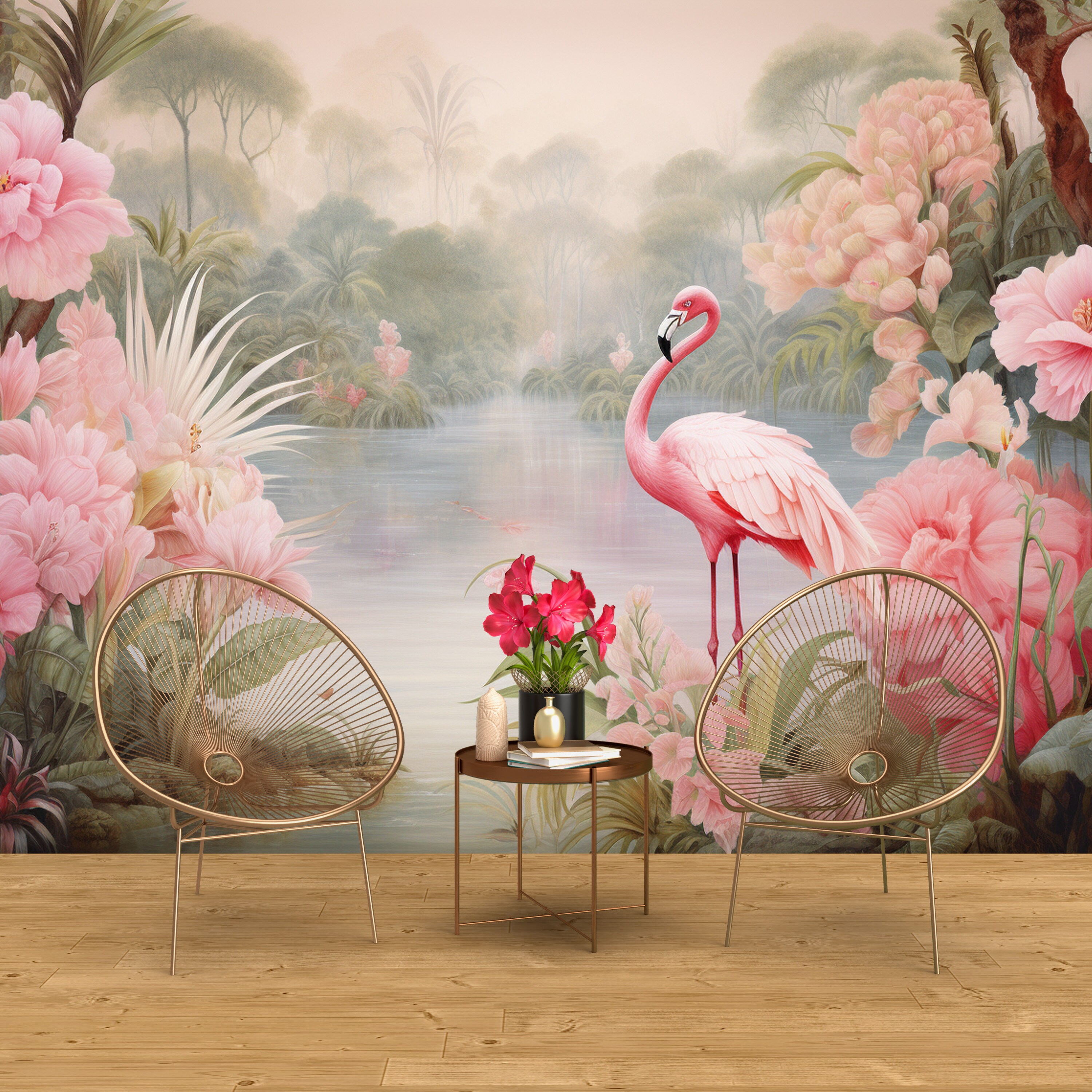 Landscape Wallpaper, Soft Pink Flowers, Flamingo, Palm Trees and Leaves ...