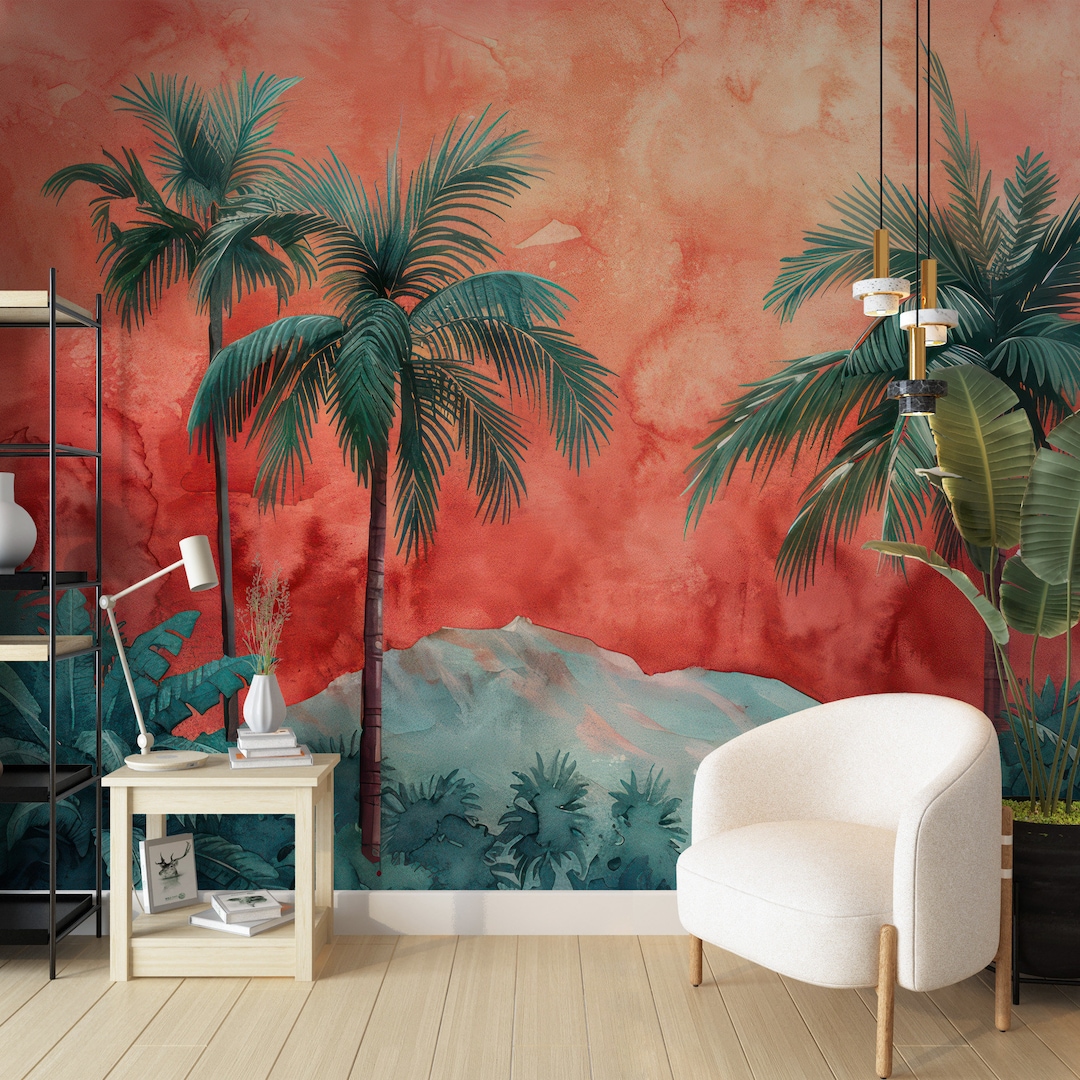 Red Palm Trees Wall Art, Jungle Landscape Wallpaper, Exotic Wallpaper ...