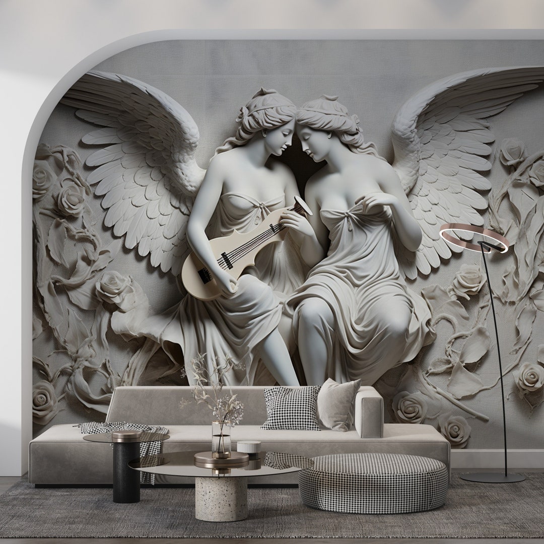 Angels Playing Instrument 3D Look Wallpaper, Relief Mural Decor, Peel ...