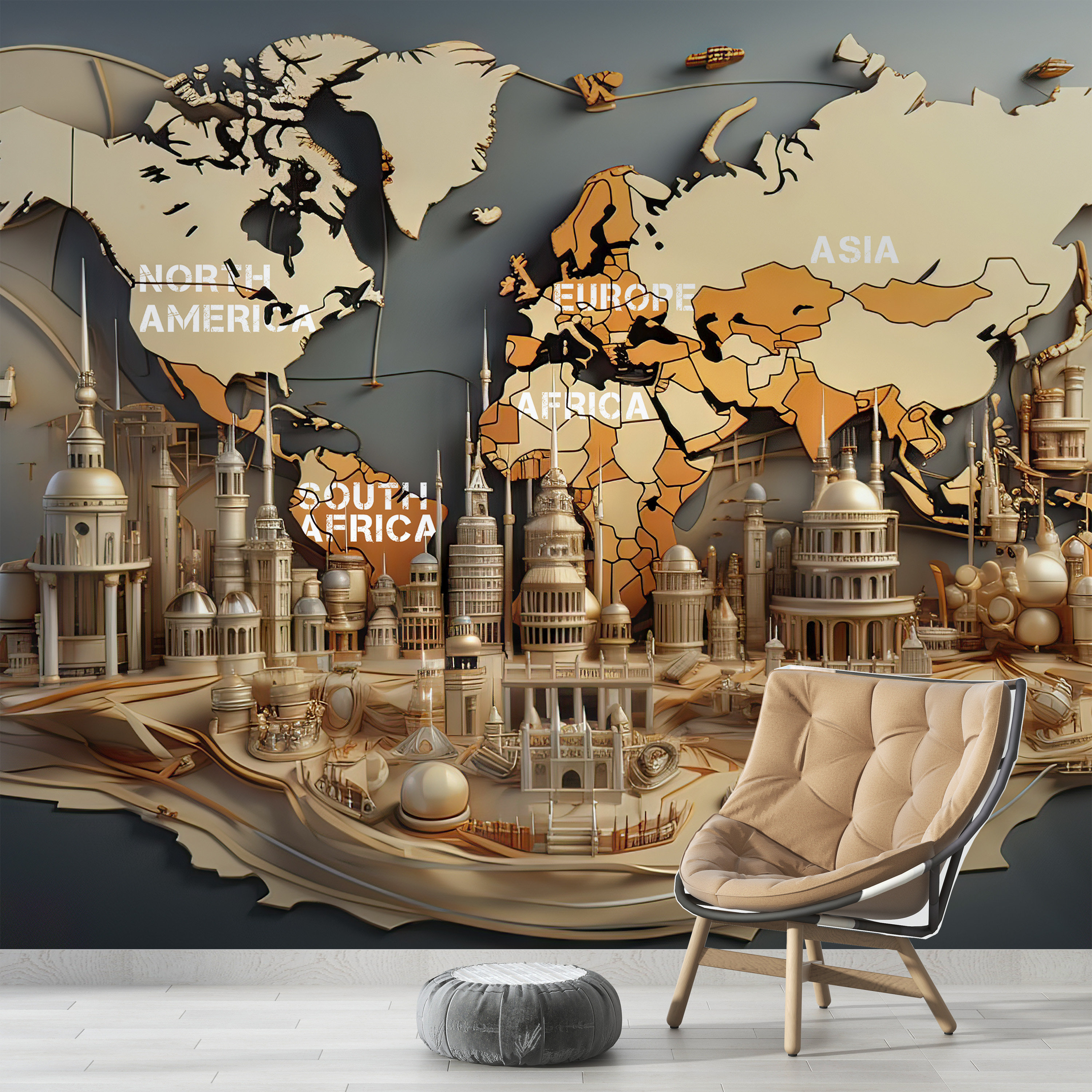 3D World Map Wallpaper Continents Map Wall Decor Peel and - Etsy