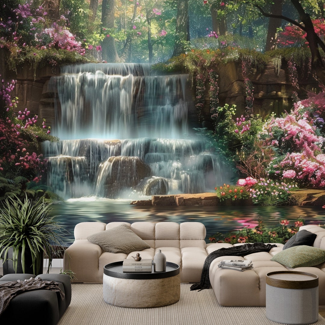 Waterfall and Floral Wallpaper, Tree and Flowers With River Wall Mural ...