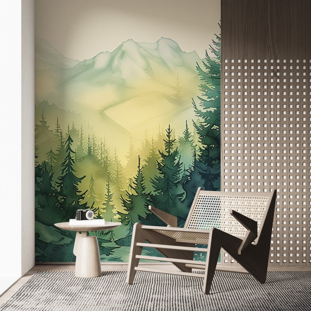 Watercolor Forest Landscape Wall Mural, Nature Rainforest Living Room ...
