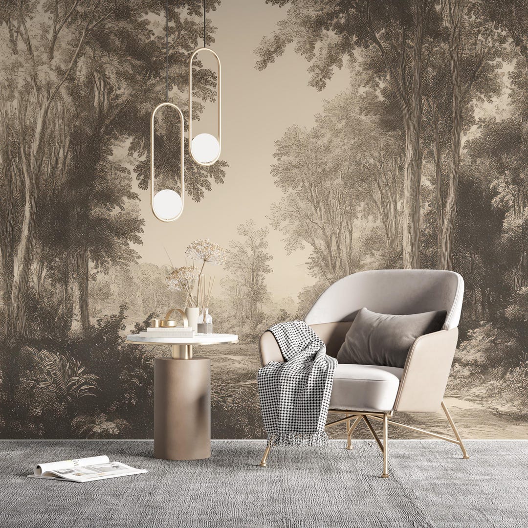 Vintage Rural Landscape Painting Wallpaper, Rustic Mural Tree Wallpaper ...