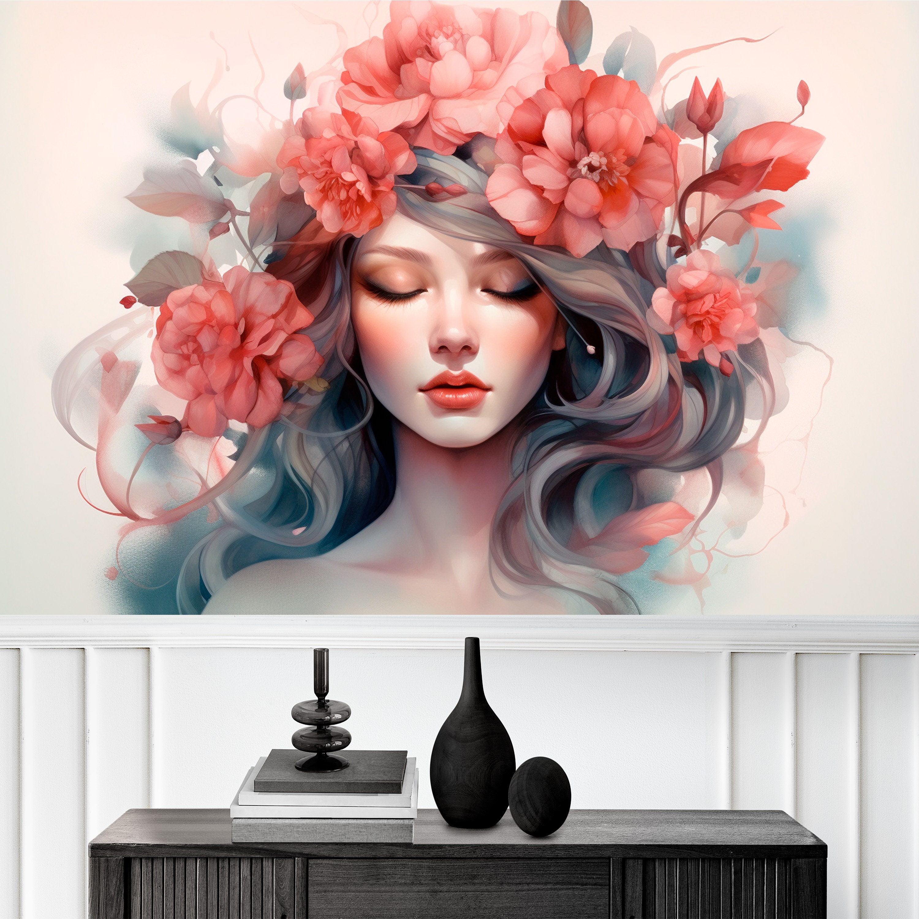 Buy Woman and Flowers Watercolor Wallpaper for Beauty Salon and ...