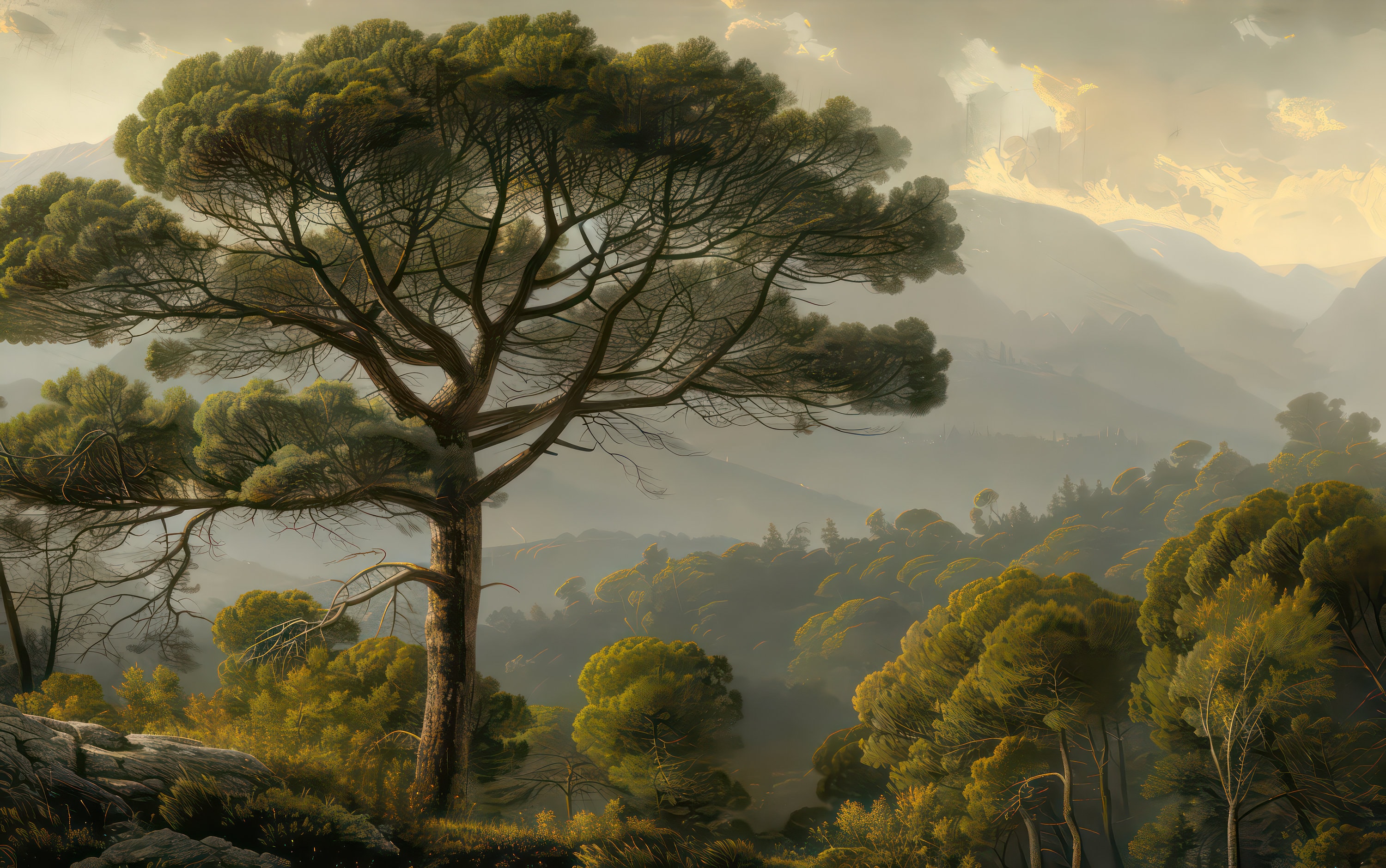 Retro Scenic Wallpaper, Historical Tree Wall Mural, Vintage Landscape ...