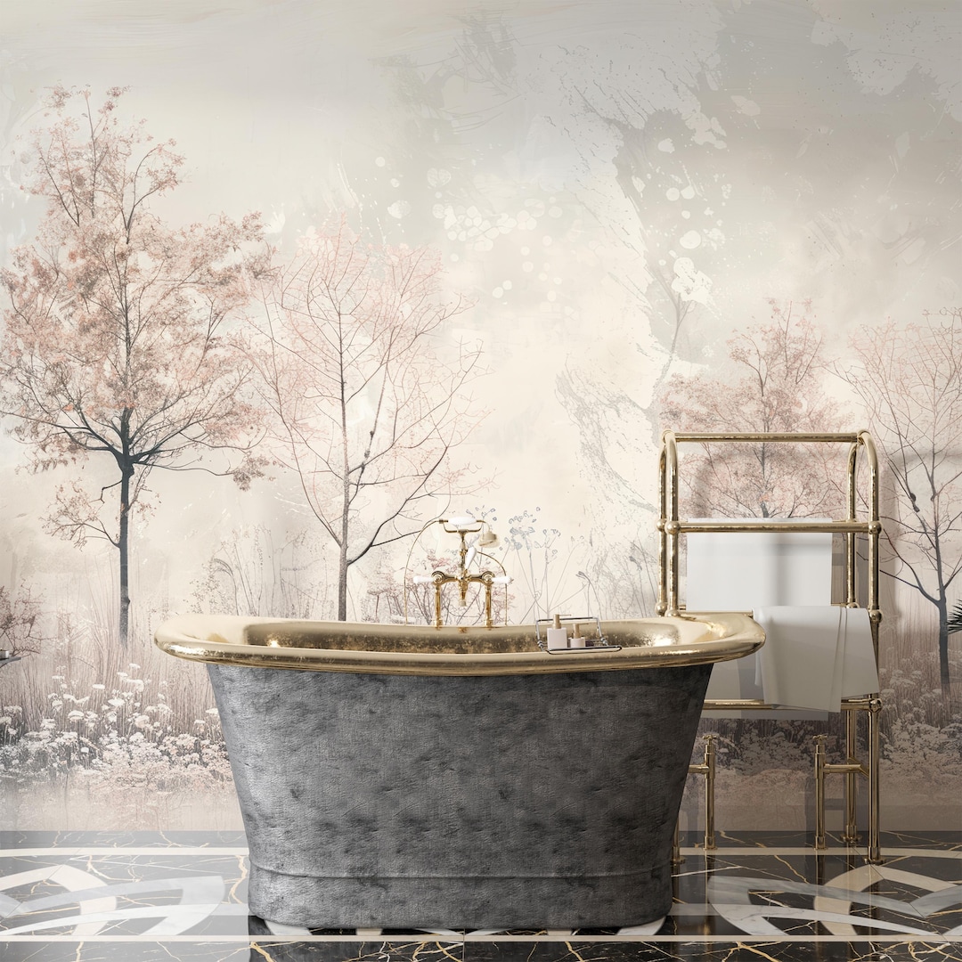Minimalist Forest Landscape Wallpaper, Soft Beige Scenic Mural Decor ...