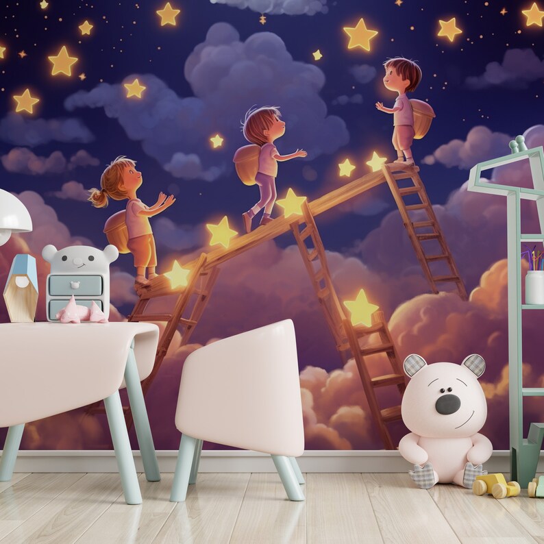 Kids Wallpaper for Child Room and Nursery, Little Children to the Stars ...