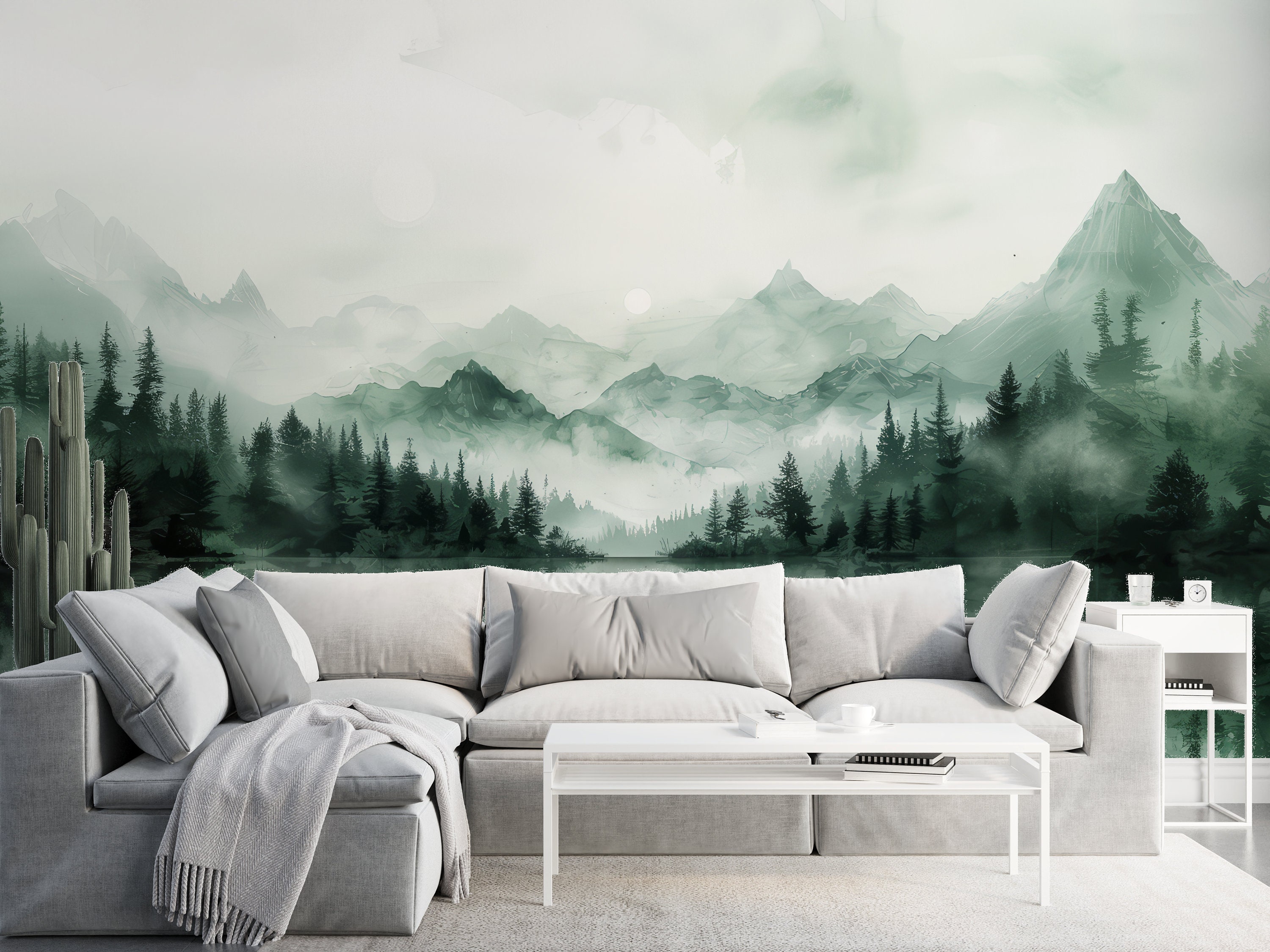 Pine Tree Wall Decal, Watercolor Landscape Wall Mural, Pine Trees ...