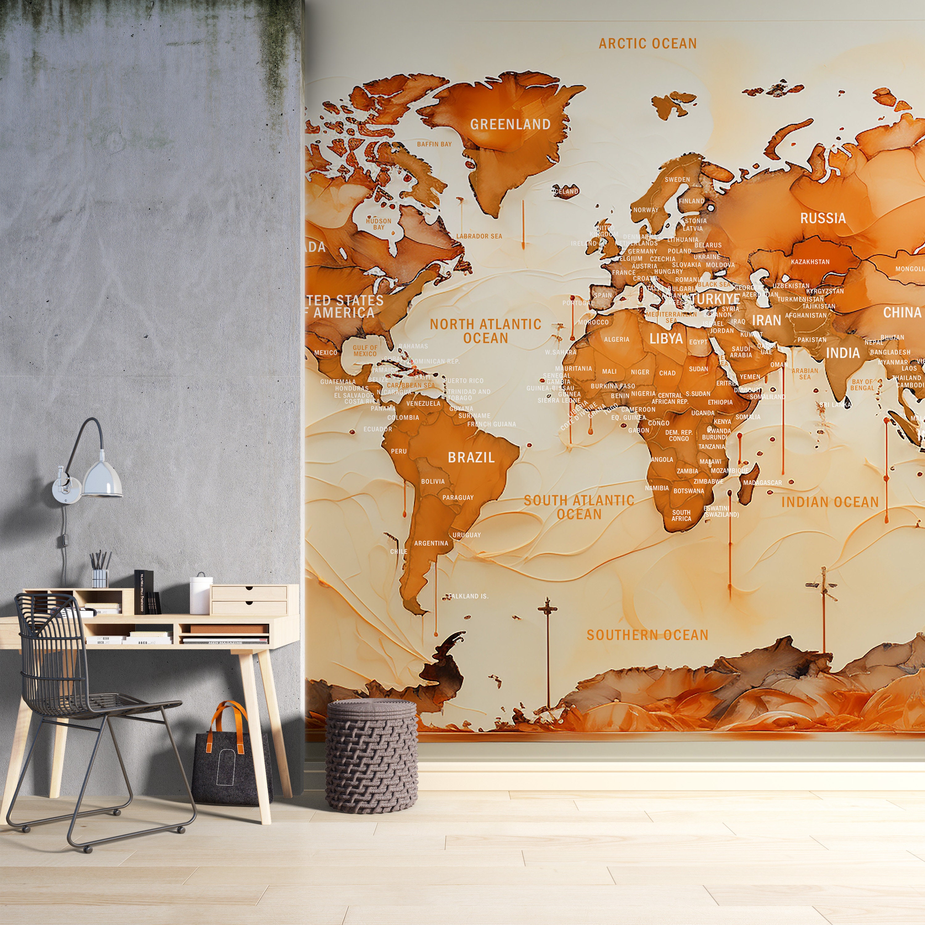 World Map Wallpaper, 3D Map Wall Decor Countries Seas and Oceans, Peel ...