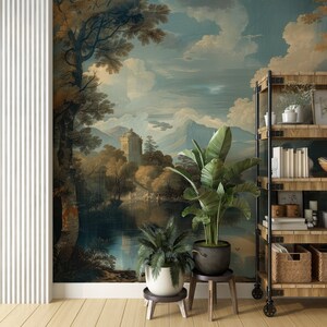 Vintage Scenic Wallpaper, Tree Wall Mural, Retro Landscape Wallpaper ...